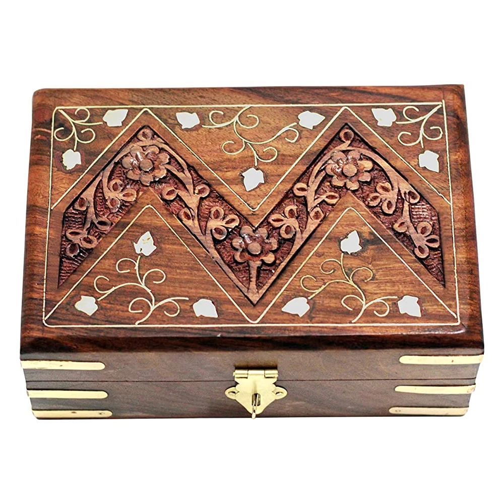 Handmade Sheesham Wooden & Brass Storage Box Hand Carved Jewelry Box ...