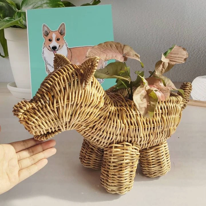 Handwoven Wicker Rattan Dog with Basket Planter Rattan Animal Shaped ...
