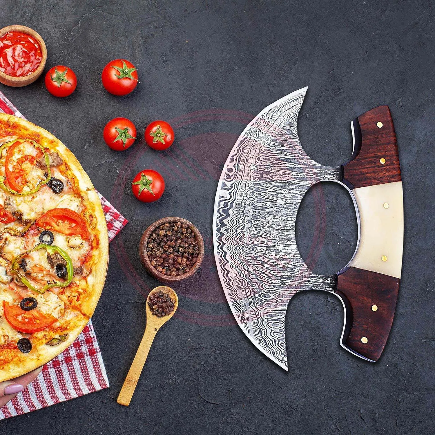 Custom Handmade Damascus Steel Ulu Knife With Comfortable Grip Wooden ...