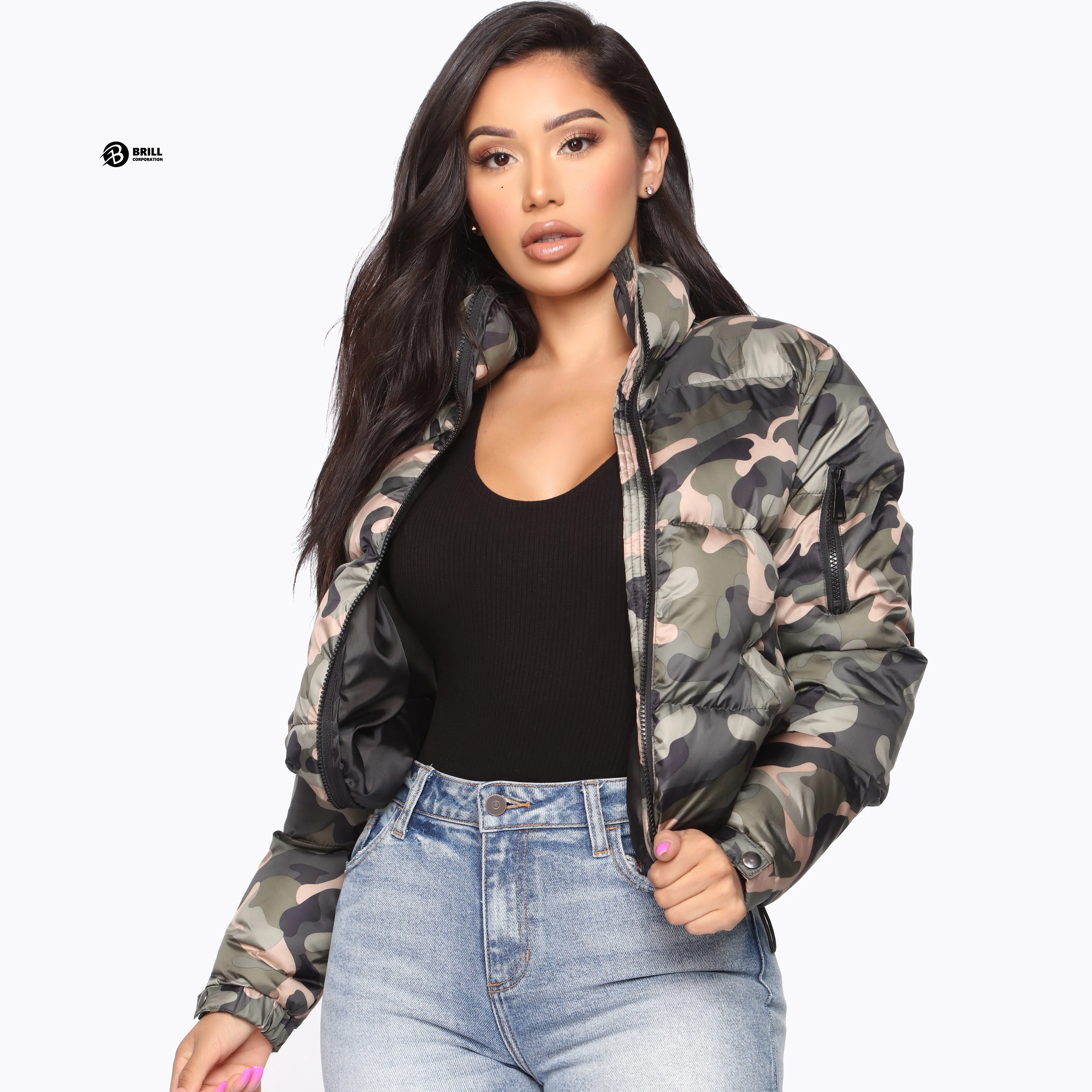 Crop Camouflage Zipper Puffer Jacket Ladies / Light Weight Warm Up ...