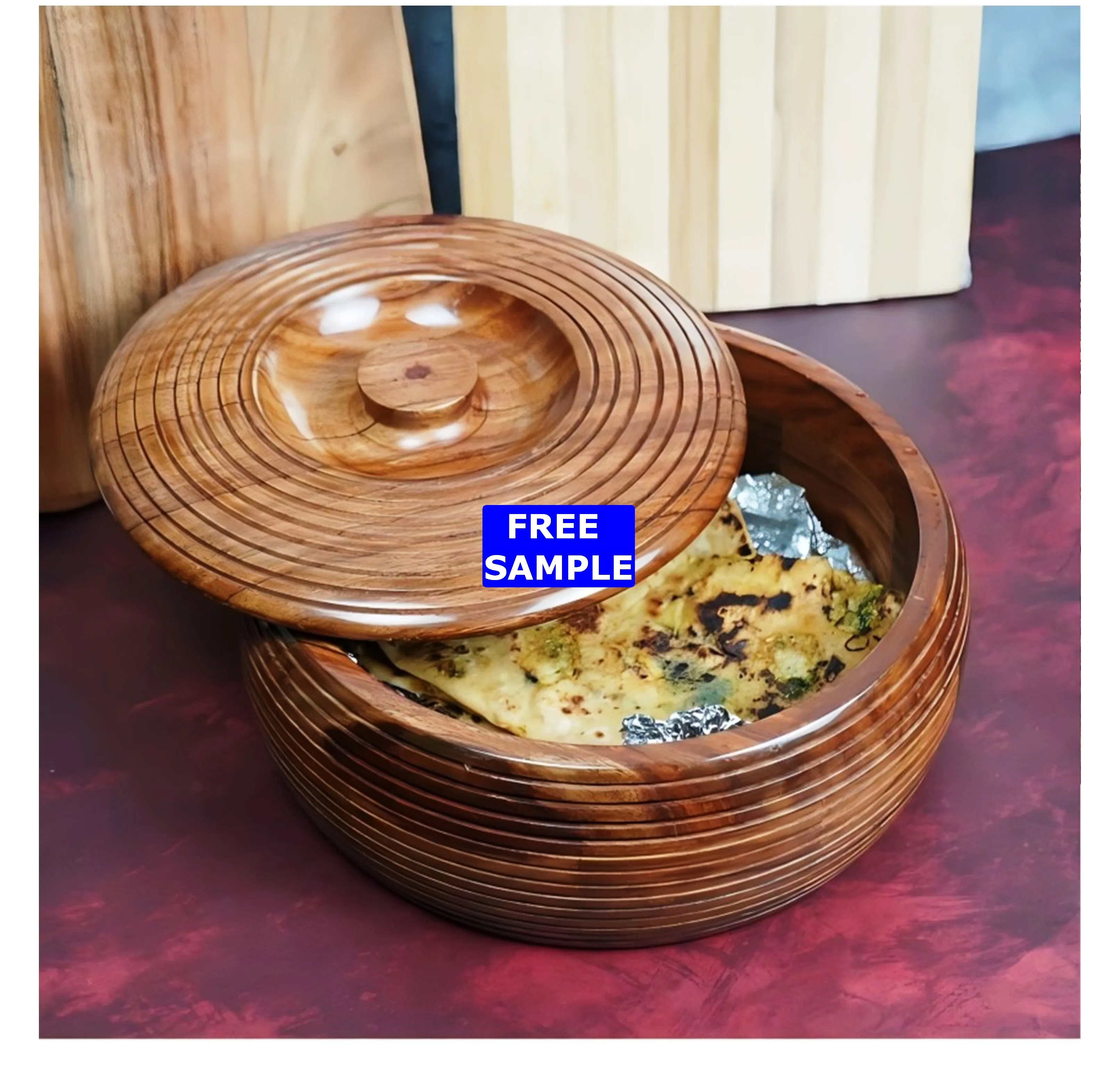 Acacia Wooden Hot Pot Roti Dabba With Lid Roti Storage Server Indian ...
