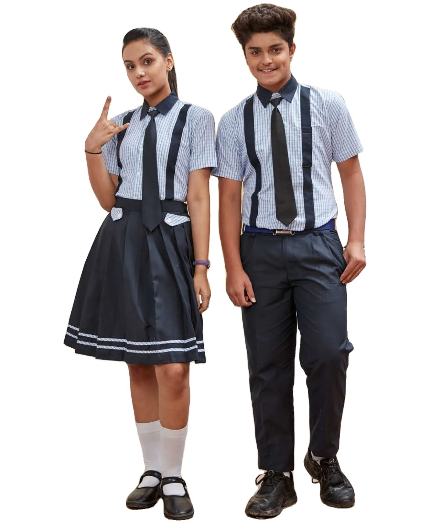 Short Sleeve High School Uniforms Blue Dress Set Boys Plain Shirt Pant ...