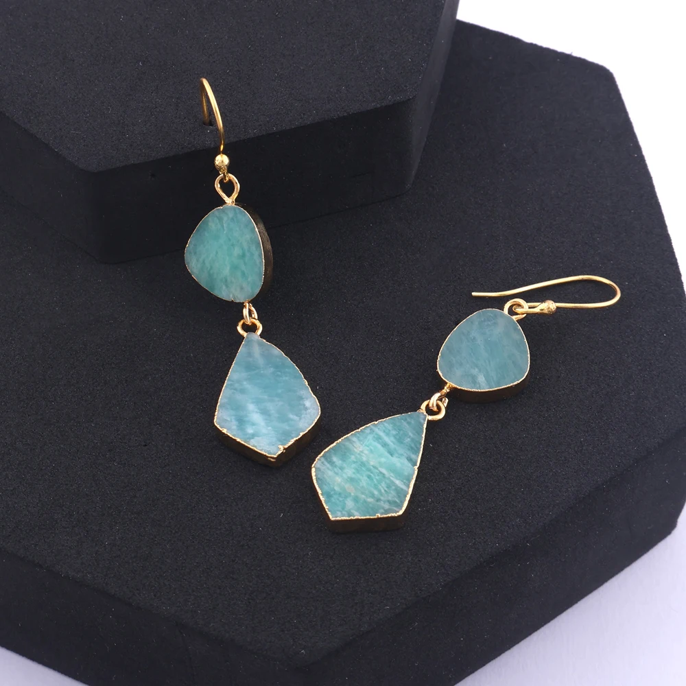 Factory Custom Jewelry Real Amazonite Two Tier Dangle Earring Brass Gold Electroplated Edged ...