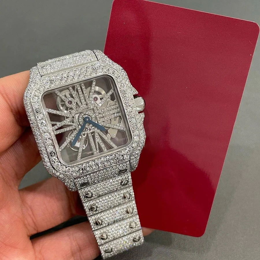 Premium Skeleton Rose Gold Roman Dial Moissanite Studded Iced Out ...