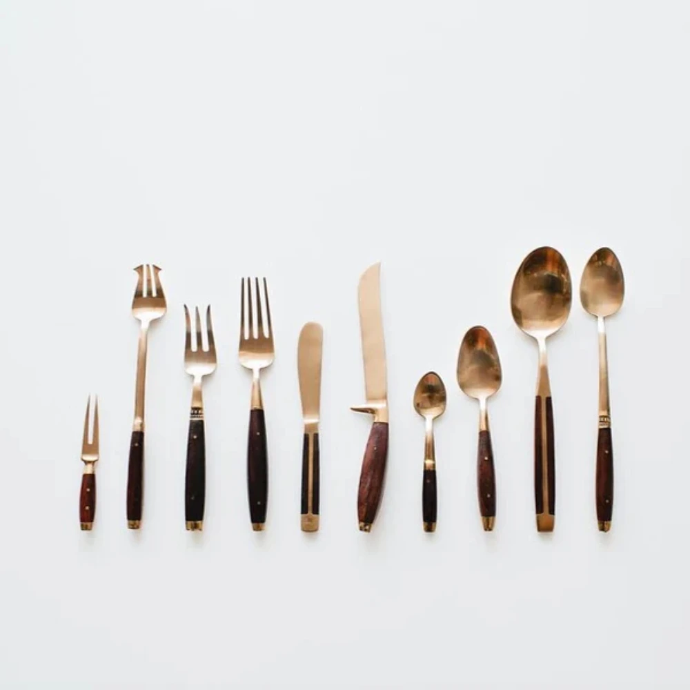 Metal Flatware Cutlery Set With Wooden Handles Handmade Gold Plated ...