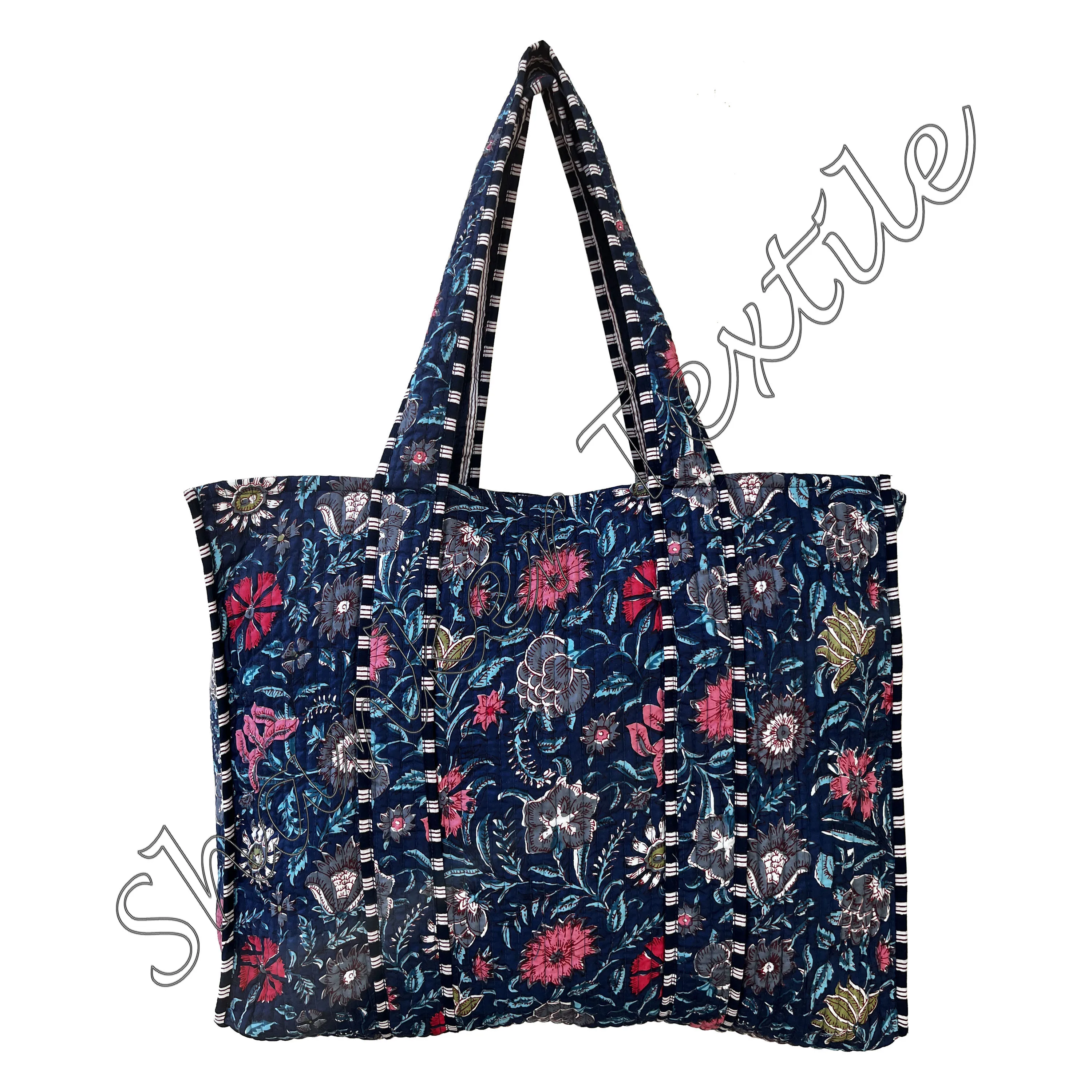 Indian Hand Block Printed Cotton Tote Bag Quilted Shoulder Shopping ...