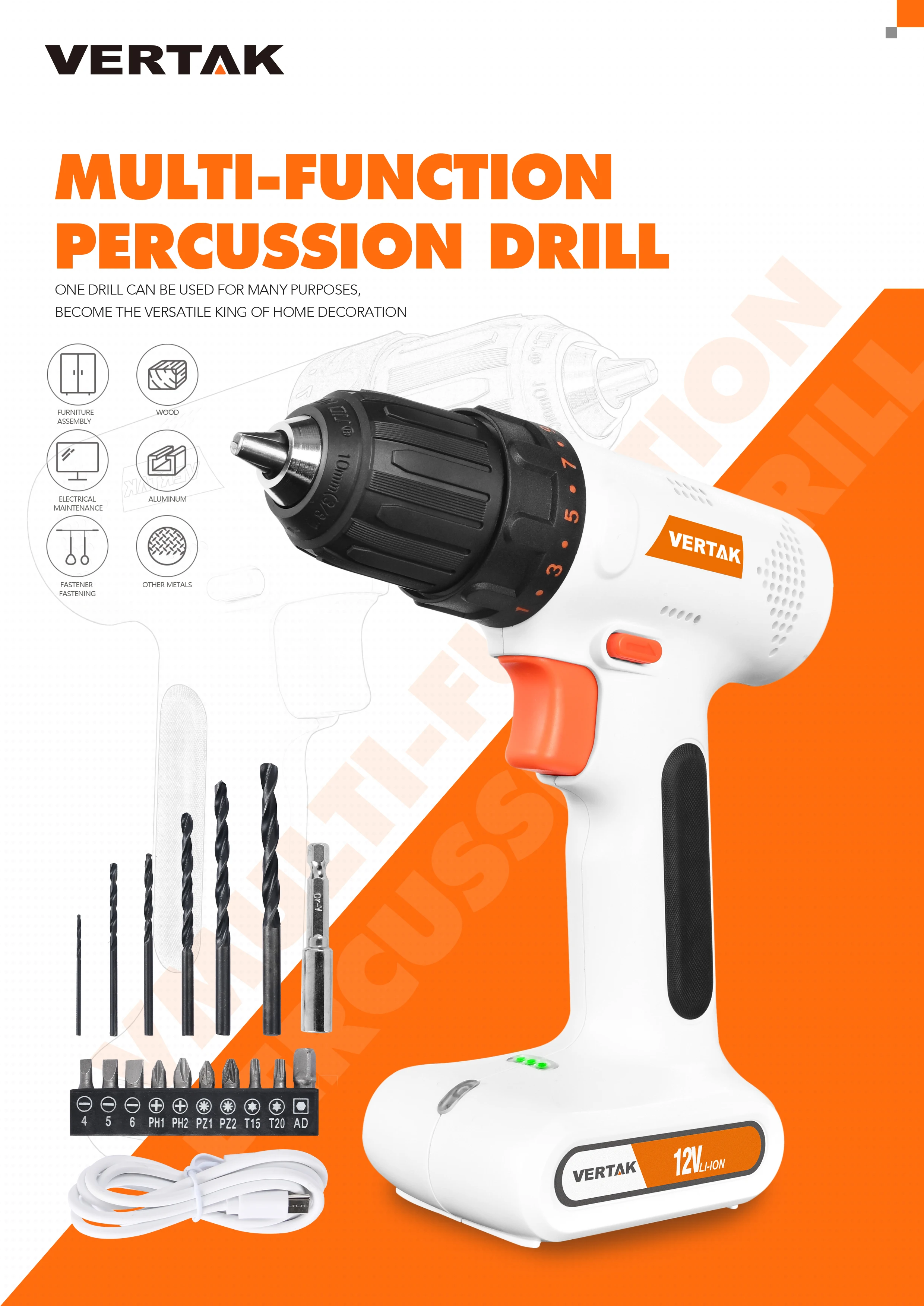 Vertak Brushless Lithium Electric Portable Drill Set 12v Mini Battery ...