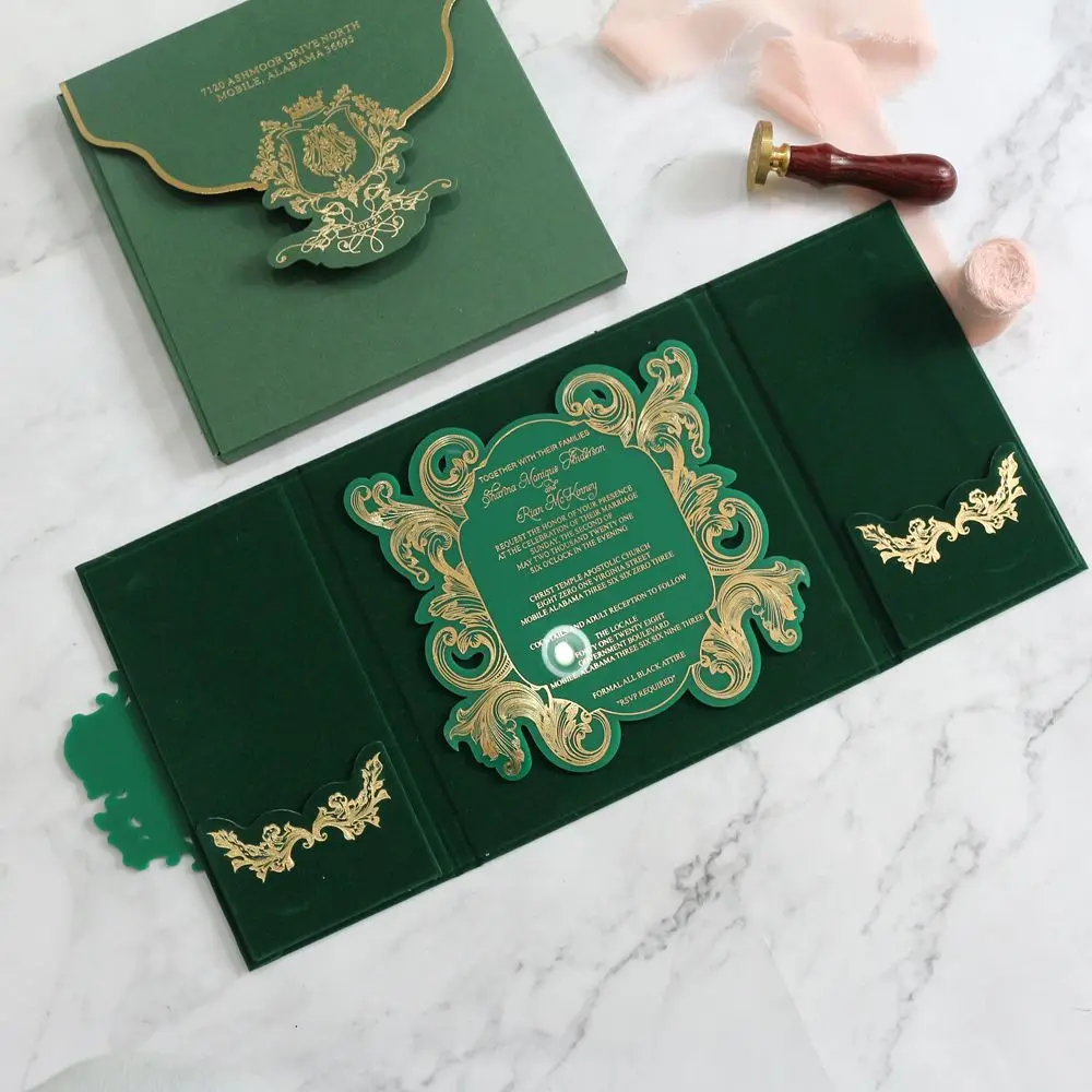 High End Luxury Dark Green Velvet Hardcover Invitations Acrylic Laser ...