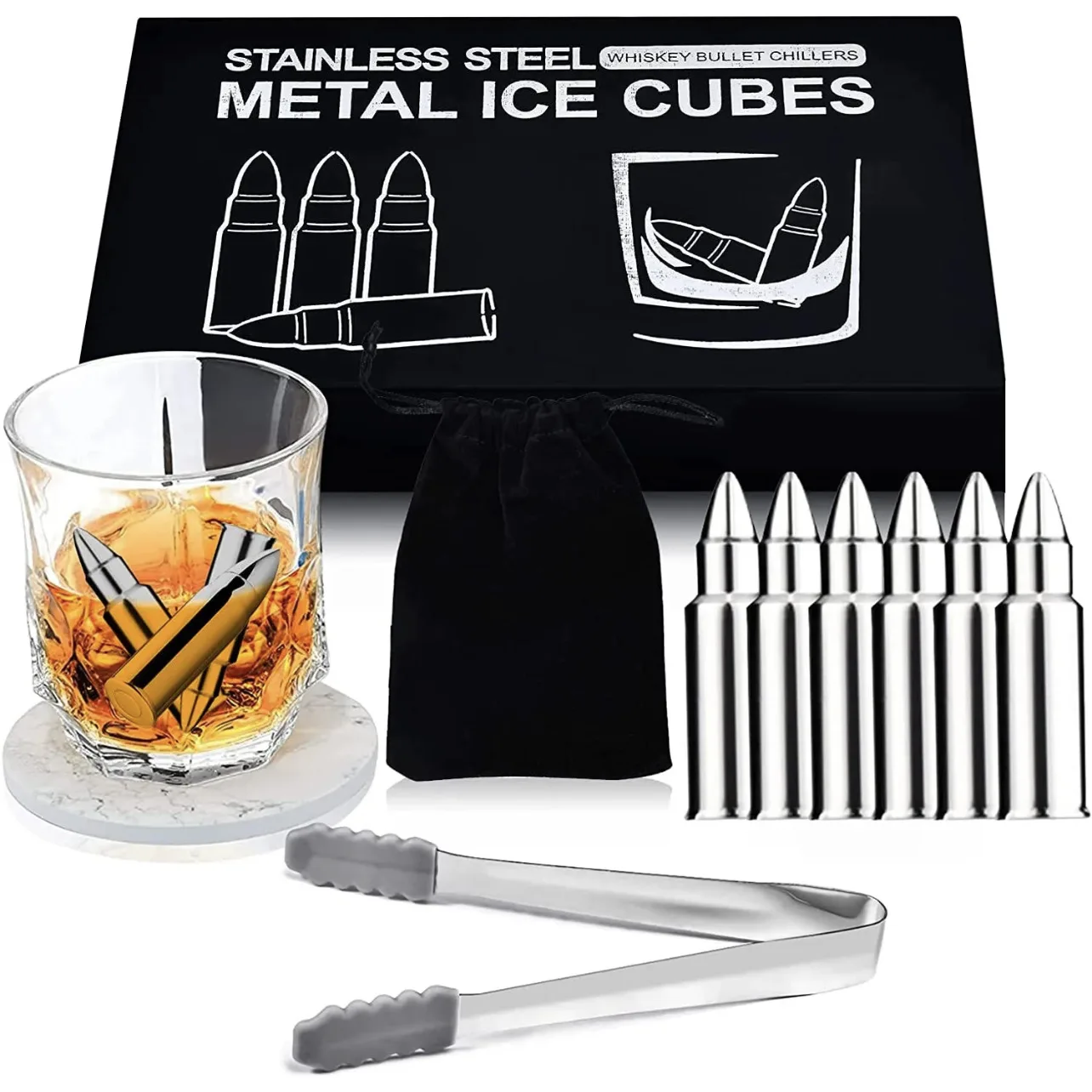 FSE Stainless Steel Bullet Ice Cube Whiskey Chilling Stone Reusable ...