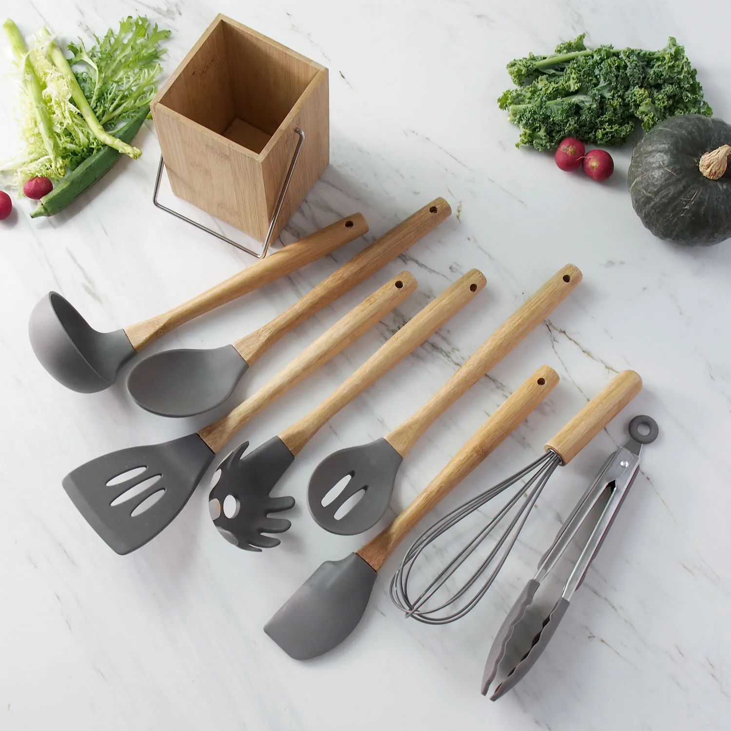 Mu New Bamboo Handle Silicone Kitchenware Set With Kitchenware Bucket ...