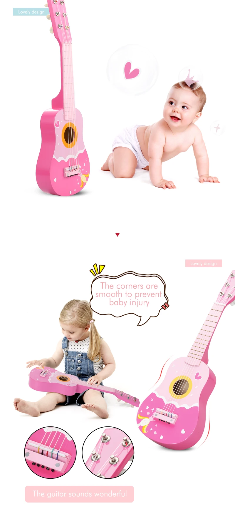 Wholesale Kids Play Musical Instrument Pink 21 Inch Wooden Guitar Toy ...