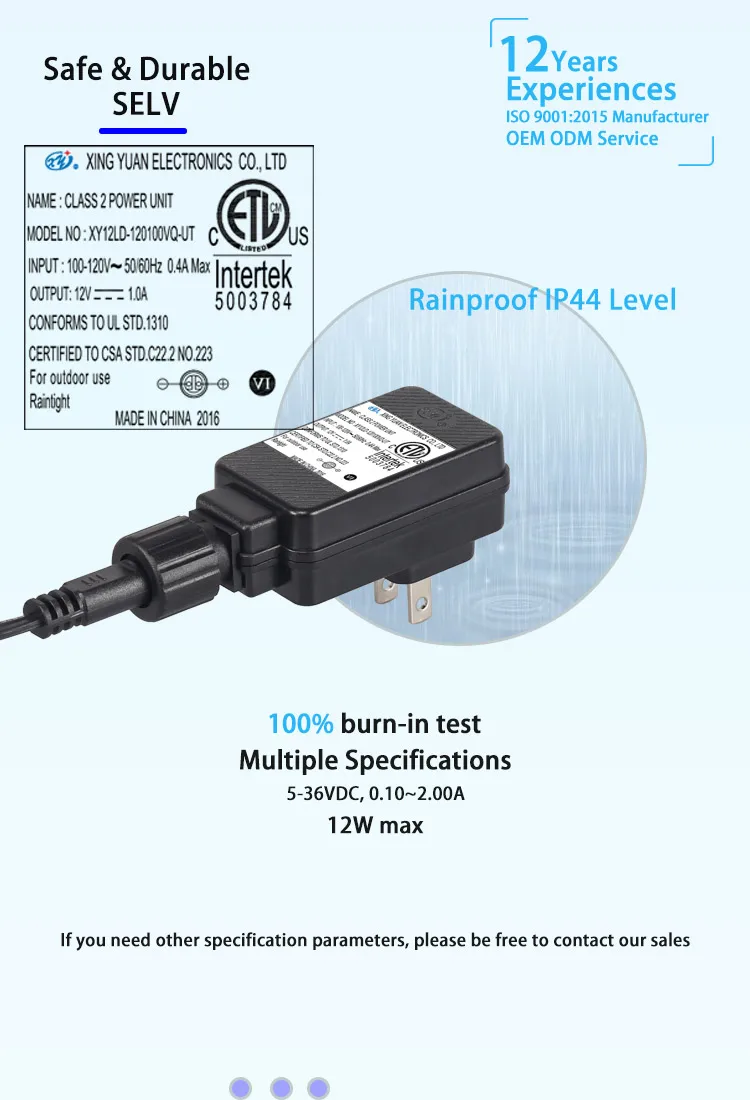 Waterproof Power Supply IP44 12V 1A AC Linear Adapter