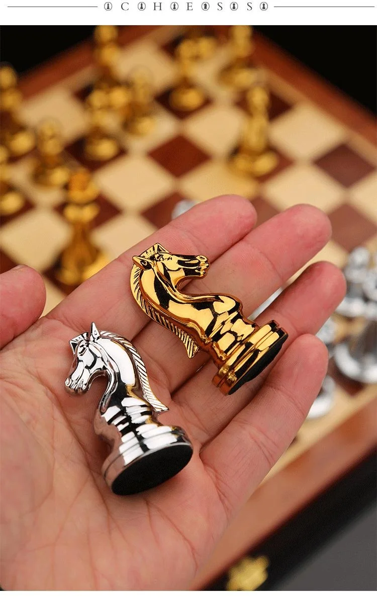 High-end Style Chess Set - Wooden Board with Metal Pieces