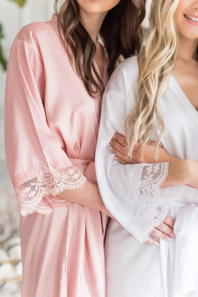 Silk Lace Robe Bridal Bridesmaid Party Robes Satin Robe With Lace Trim ...