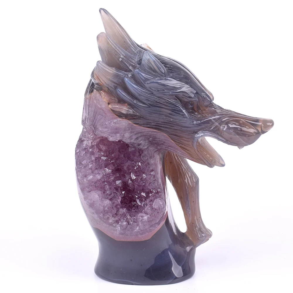Exquisite Hand Carved Agate Amethyst Geode Carved Statue Crystal Wolf ...