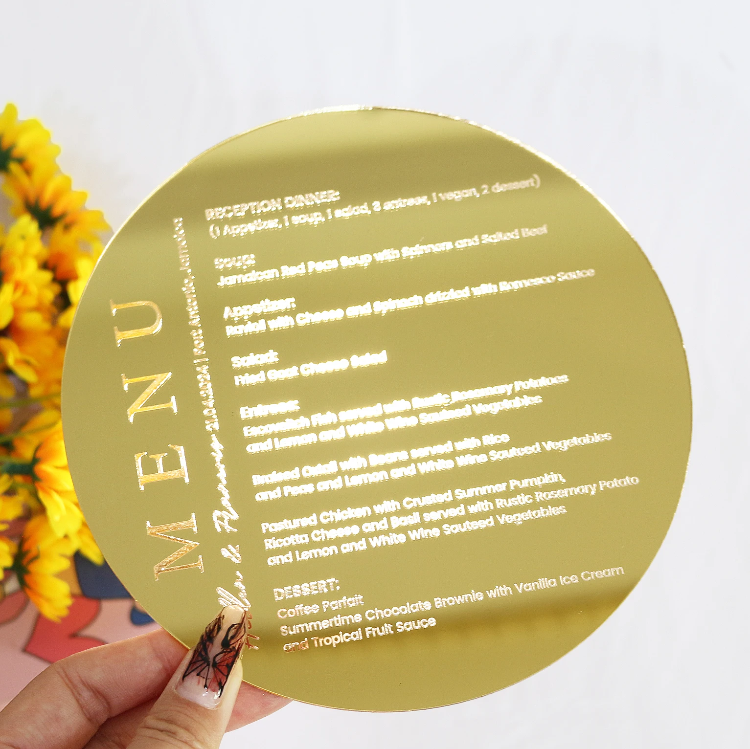 Luxury Gold Acrylic Mirror Menu Circle Round Wedding Card