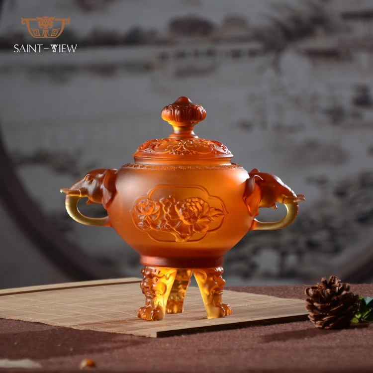 Liuli Peony Elephants Tripod Cone Buddha Incense Burner Colored Crystal ...