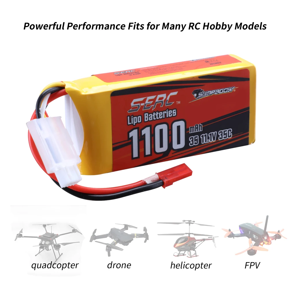 Sunpadow 11.1v 1100mah 3s Lipo Battery 35c Soft Pack With Jst Plug For Rc Airplane Quadcopter ...
