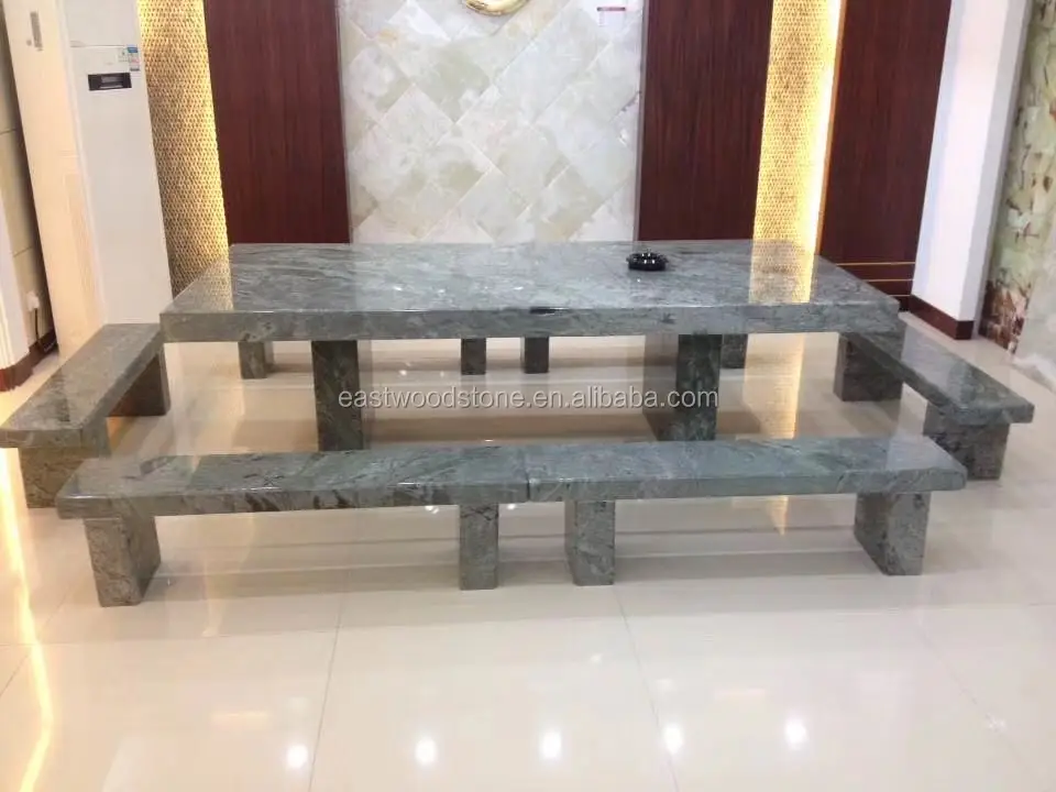 Natural Rock Stone Green Marble Table and Bench Sets for Garden