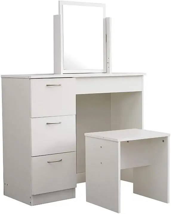 3 Drawers Dressing Table Makeup Dresser With Mirror Stool Set Bedroom ...