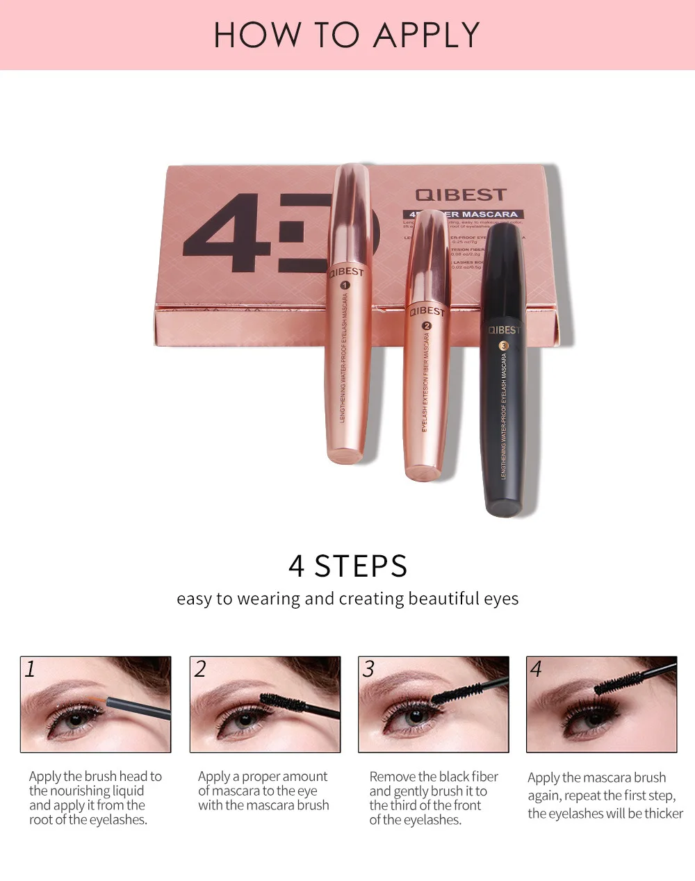 Qibest Eyes Makeup Eyelash Growth Serum 4d Fiber Lash Mascara Eyelash