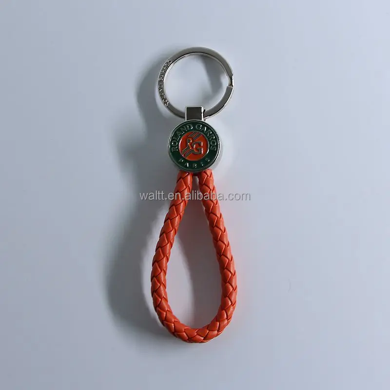 Orange Leather Woven Metal 3D Logo Keychain With Stainless Steel Ring ...