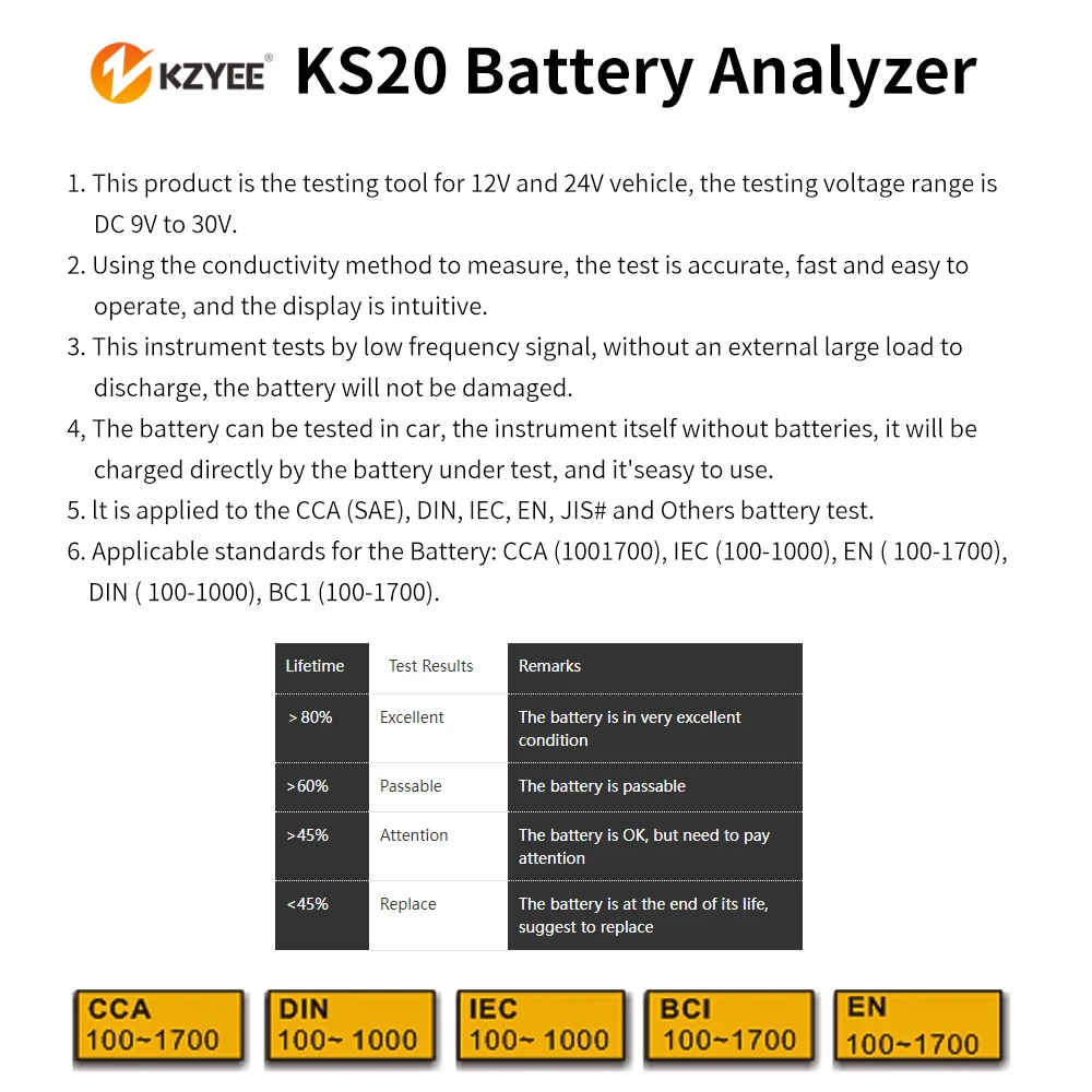 KS20 Car Battery Tester - Reliable 12V & 24VCCA Load Test