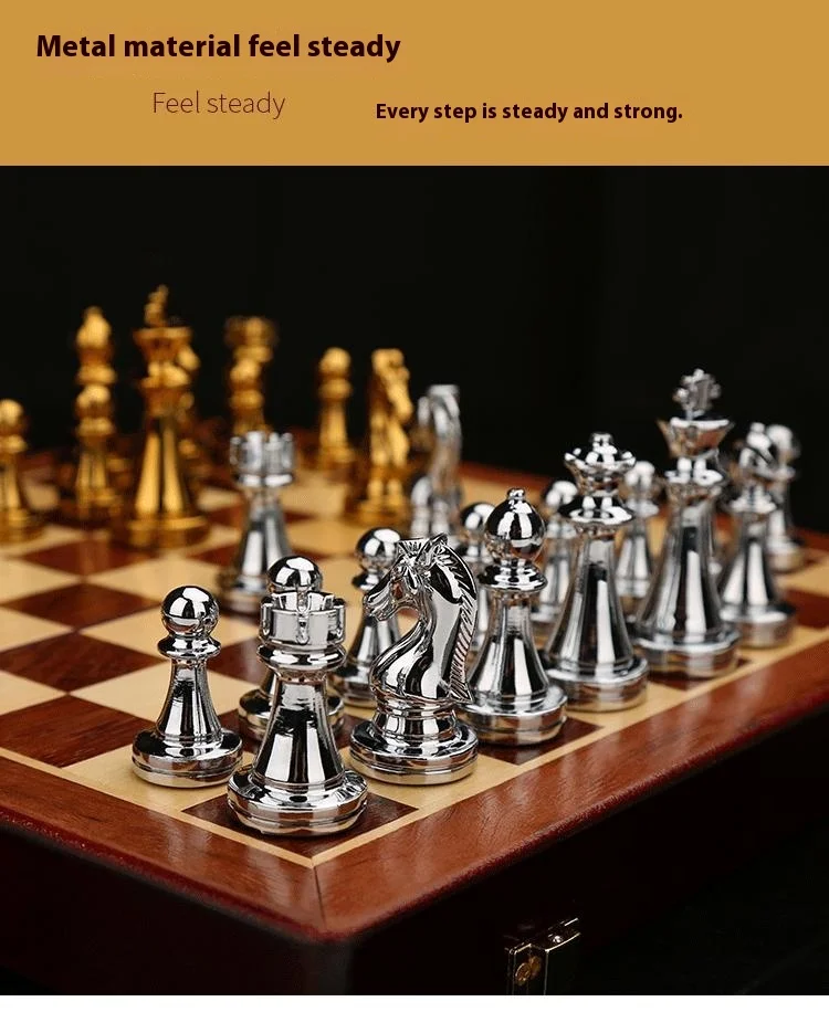 High-end Style Chess Set - Wooden Board with Metal Pieces