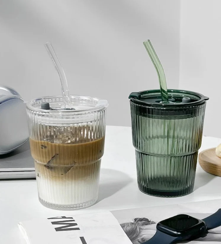400ml Vertical Striped Glass Straw Cup Tea Cup Milk Coffee Cup With Lid ...