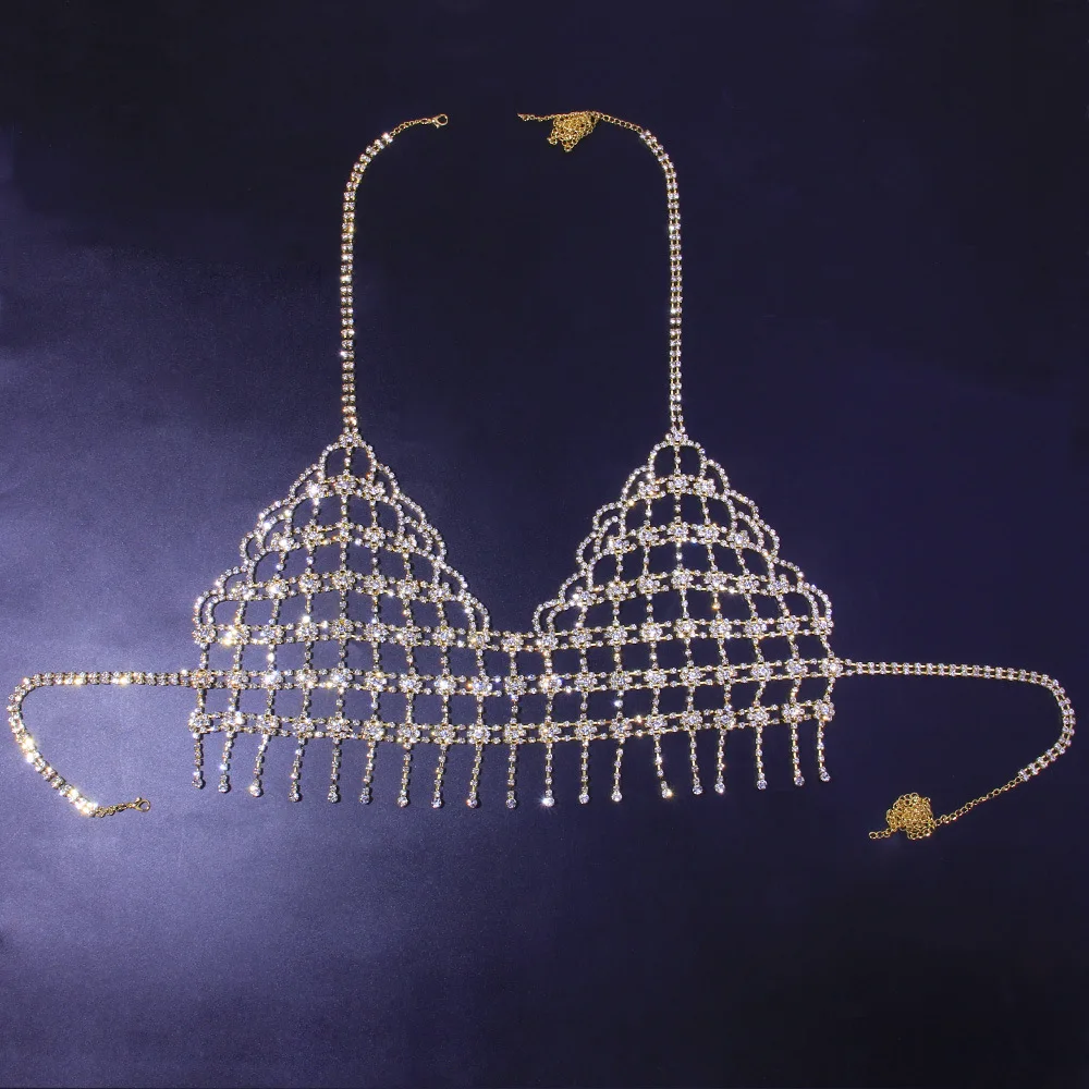 Body Chain Gold Plated Shiny Rhinestone Flower Mesh Tassel Sexy Club