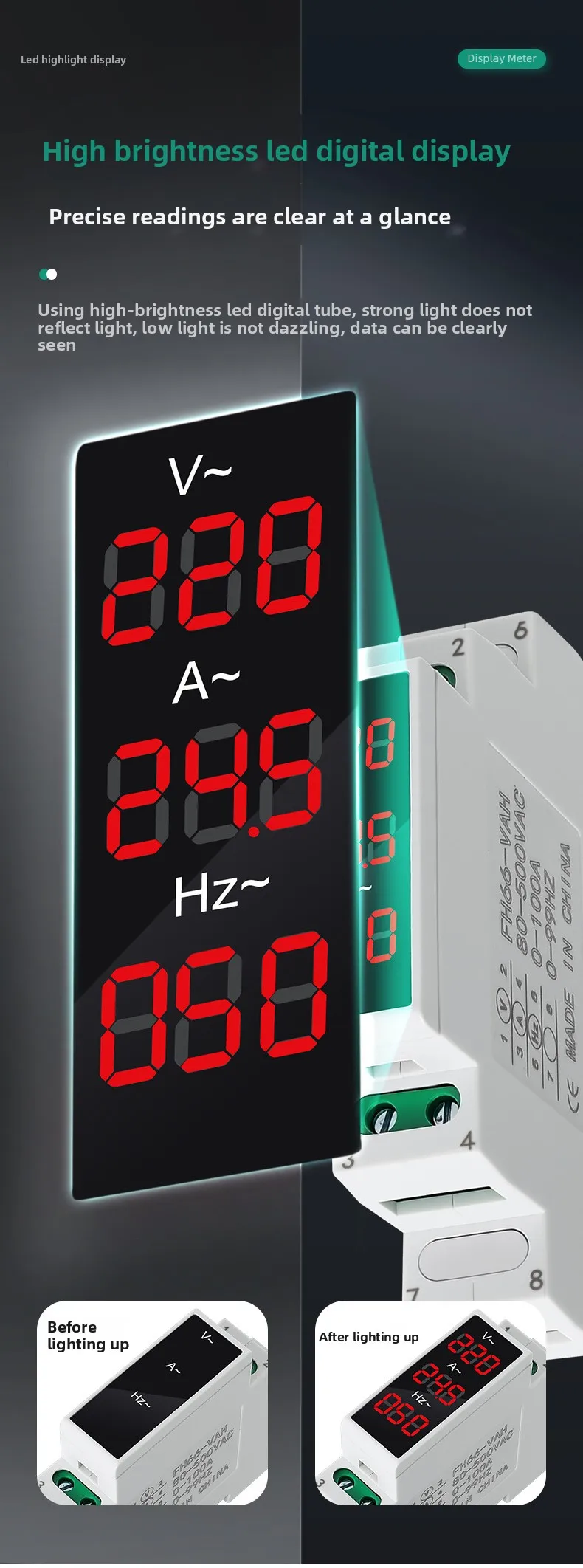 AC80-500V Mini Modular LED Digital Display Detector Din Rail Mount 100A ...