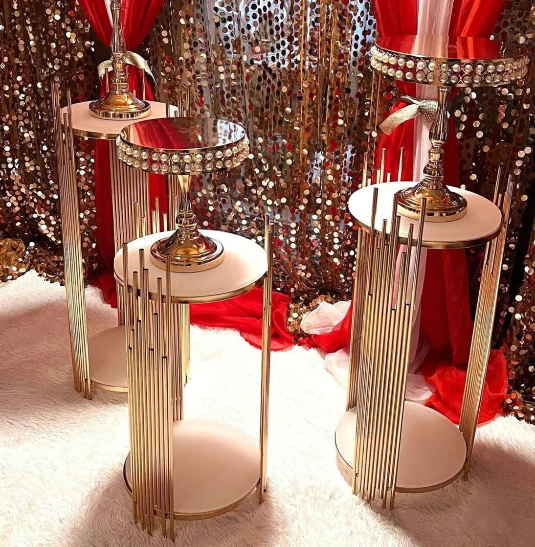 Gold Round Metal Plinths - Elegant Wedding Backdrop Stands