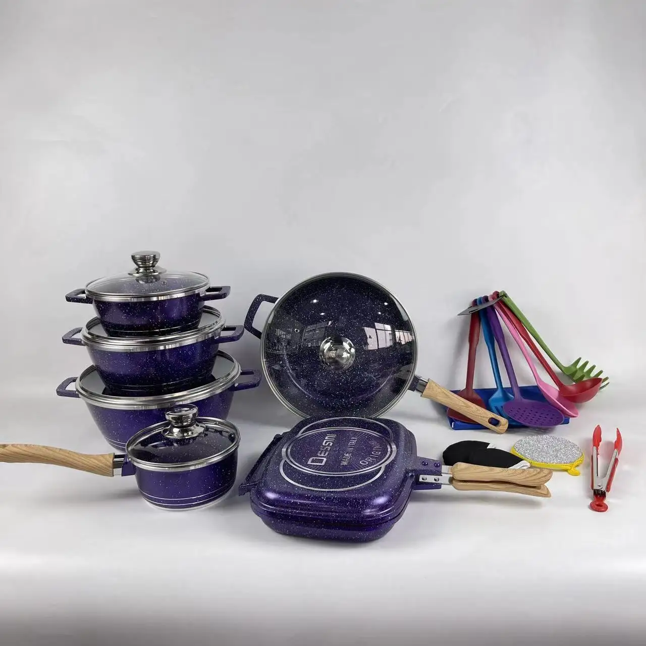 Purple Die Cast Non-stick Marble Coating 23 Pcs Kitchenware Sets With ...