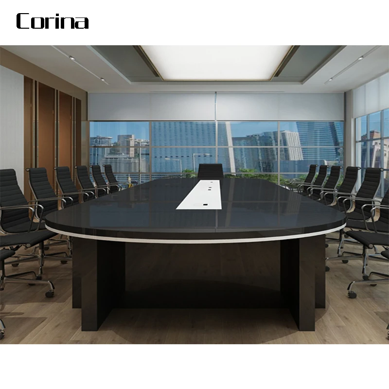 Customized Long Oval Black Meeting Conference Table for 16 People