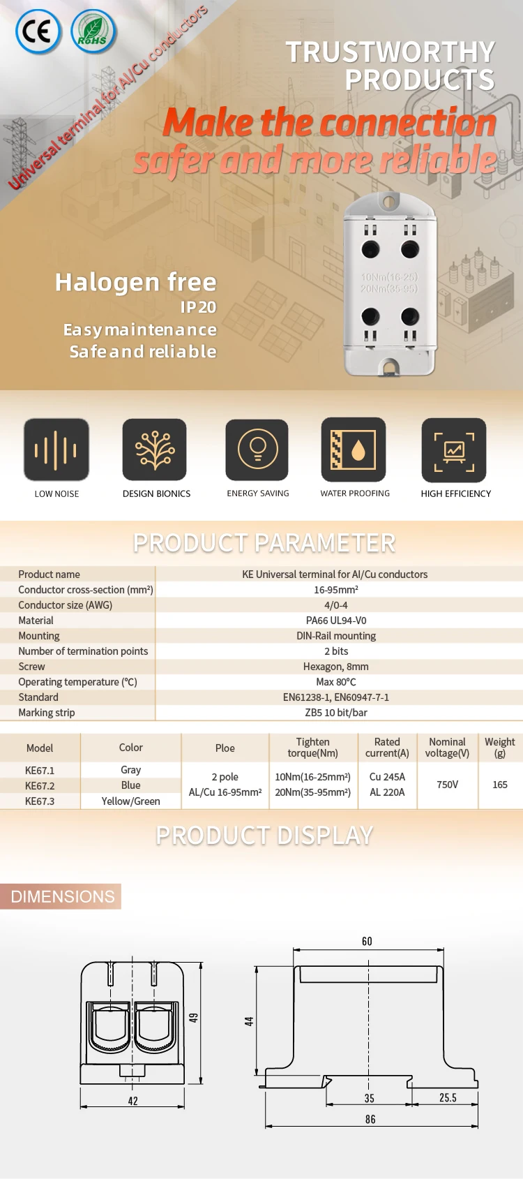 High Current 2pole Din Rail Mounting 95mm2 Electrical Terminal Connector 750V Al Cu Din Rail ...