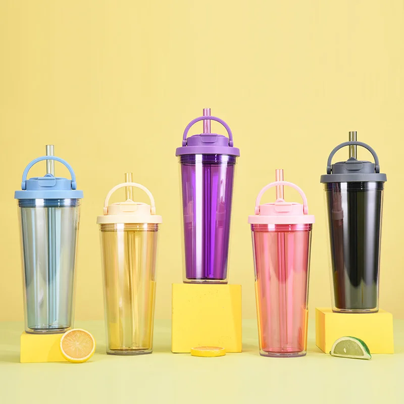 Customized Double-layered Colored Plastic Straw Handle Cup With Large ...