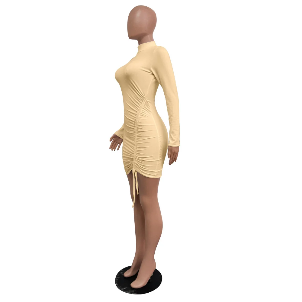Woman Party Night Sexy Ruched Bodycon Mini Dress Women Clothes Long Sleeve O Neck Lace Up Draped ...