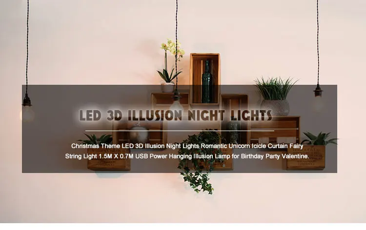 크리스마스 테마 Led 3d 환상 야간 조명 로맨틱 유니콘 고드름 커튼 요정 문자열 빛 1 5m X 0 7m Usb 전원 매달려