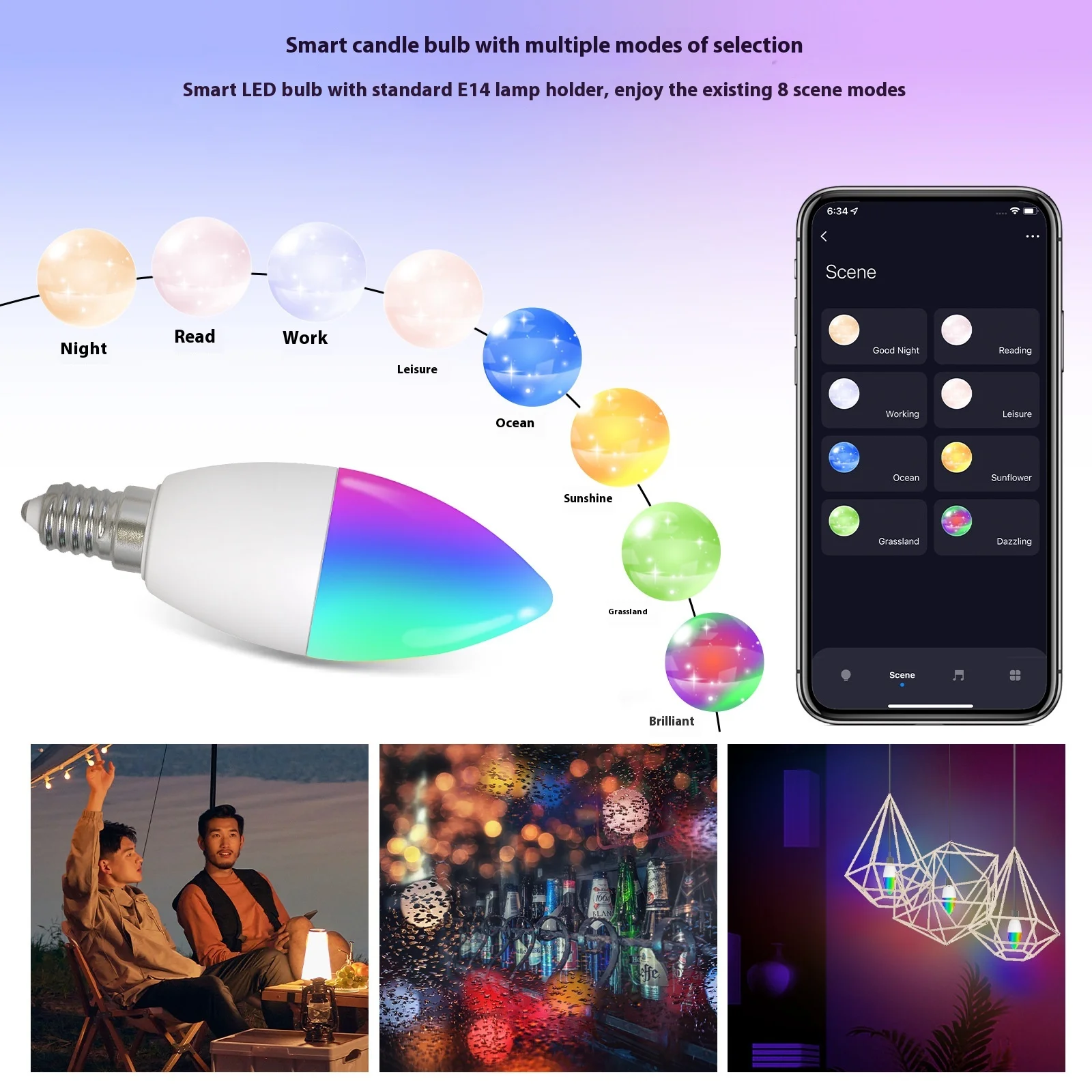WiFi Graffiti 6W RGB LED Candle Light Bulb E14 Smart Home App Voice ...