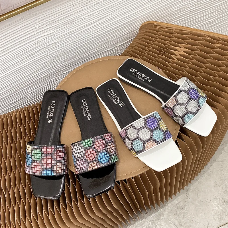 New Trend Women Slippers Flat Rhinestone Sandals Fashion Design Casual ...