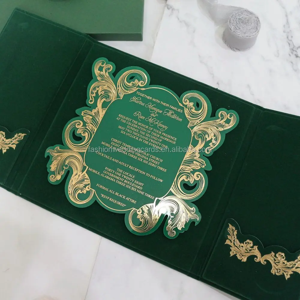 2021 Luxury Gatefold Velvet Cover Invitations Godl Foil Acrylic Wedding ...