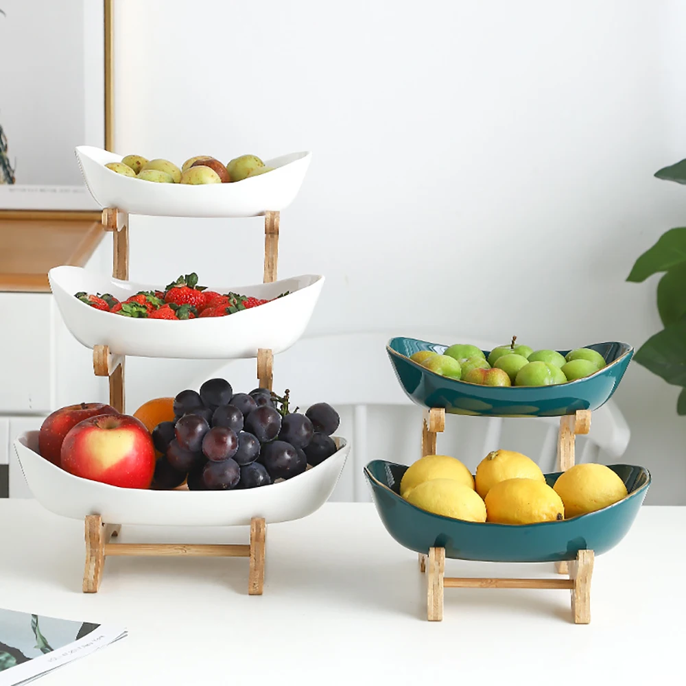 2 Tier Wood Stand With Ceramic Oval Serving Bowls Tray For Kitchen ...