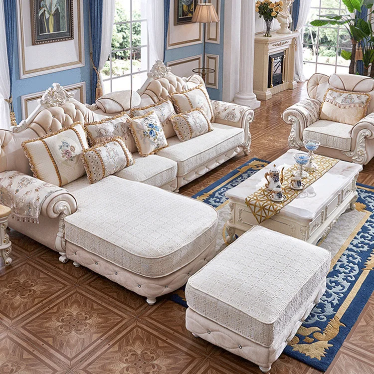 Luxury French Fabric L Shaped Corner Sofa - Antique Style