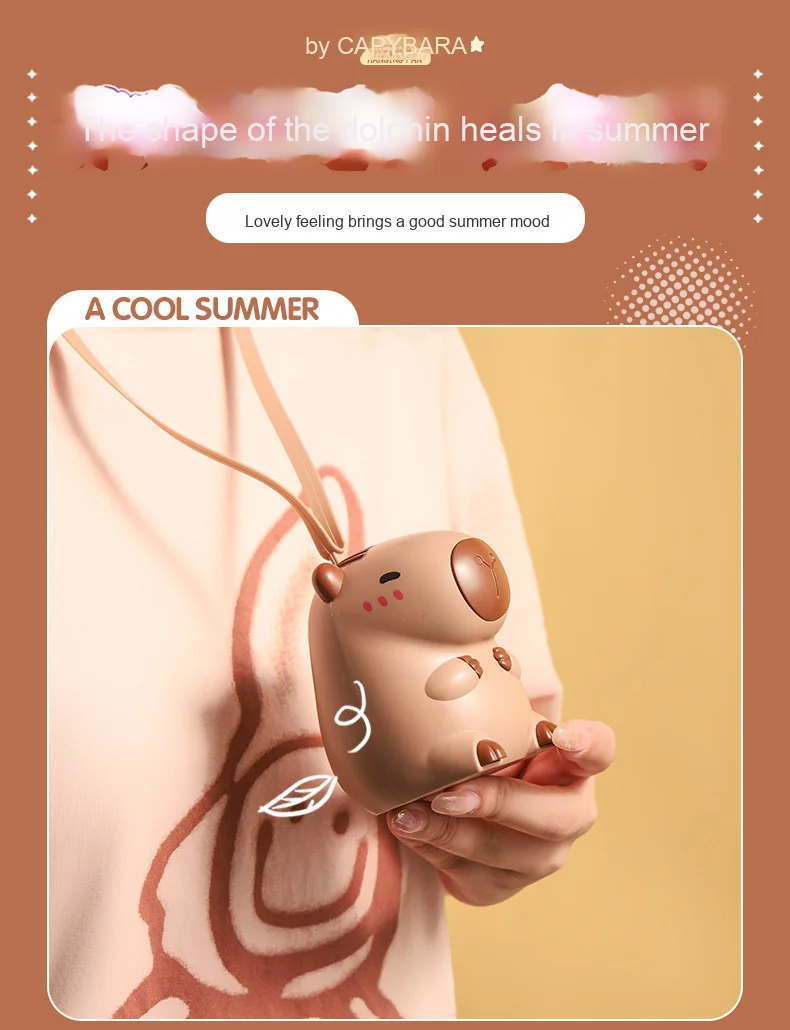 Cartoon Capybara Hanging Neck Fan Kids' Outdoor USB Mini Desktop and ...
