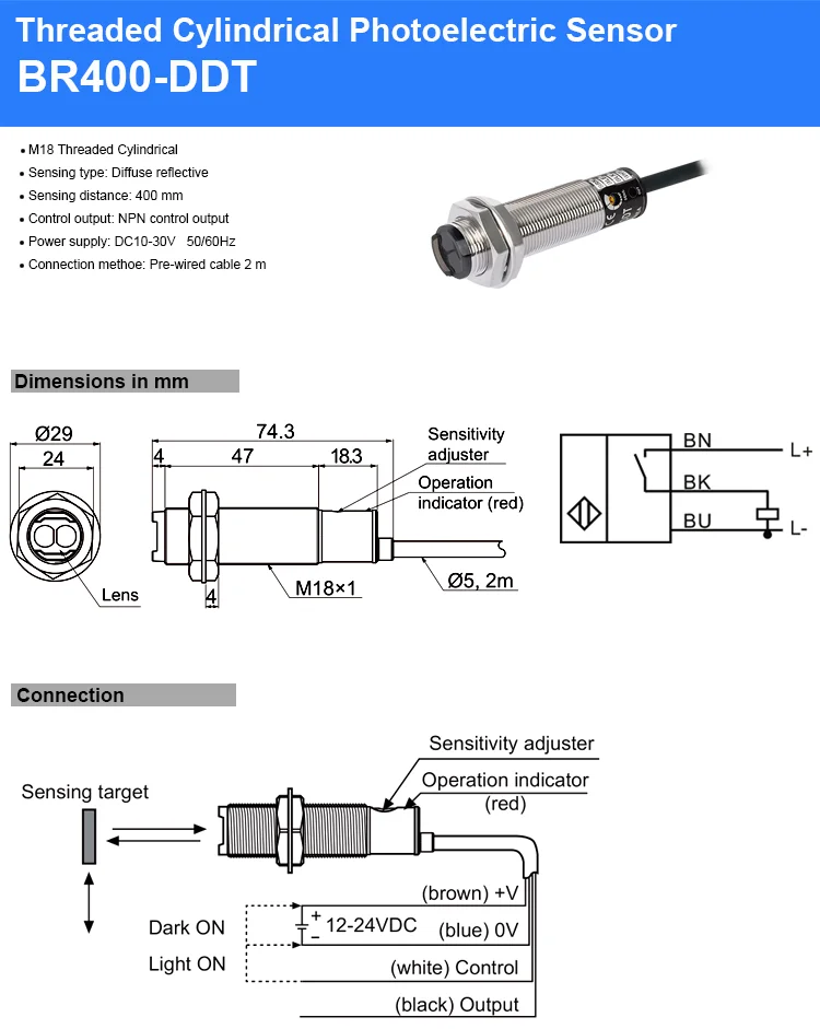 M18 Threaded cylindrical Optical proximity switch NPN output diffuse ...