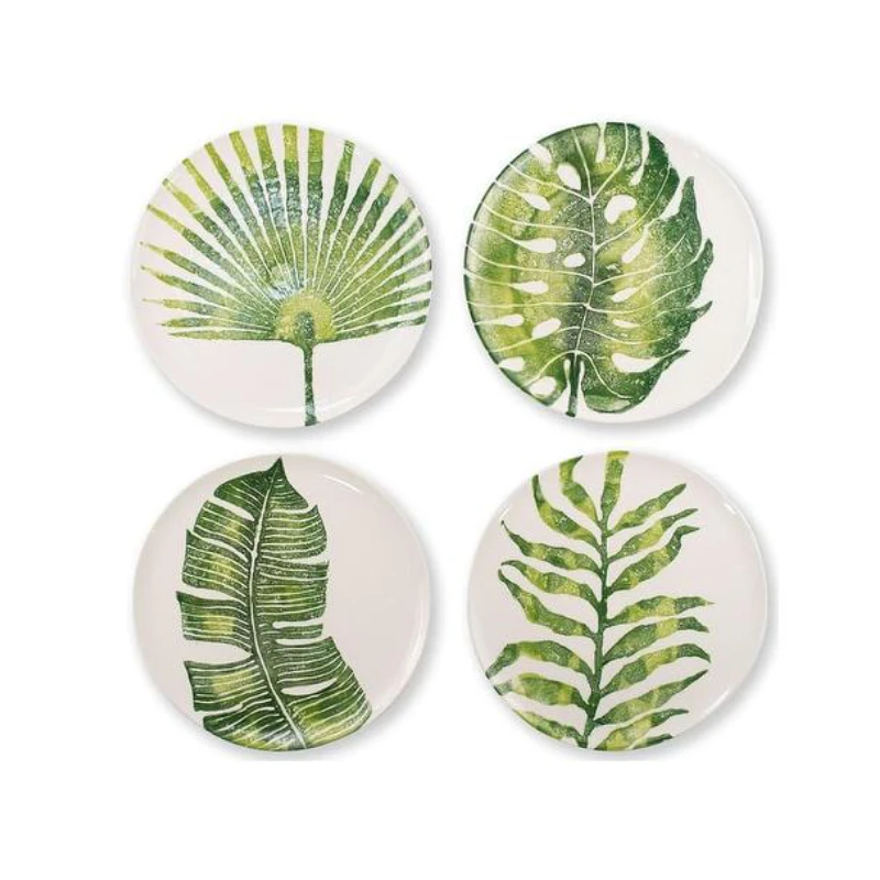 Tropical Green Palm Leaves Pattern Ceramic Dinner Plates