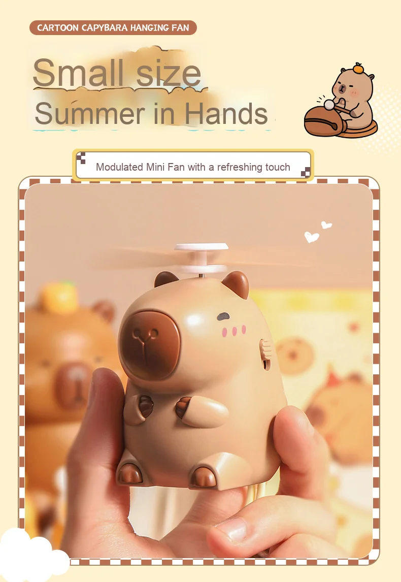 Cartoon Capybara Hanging Neck Fan Kids' Outdoor USB Mini Desktop and ...
