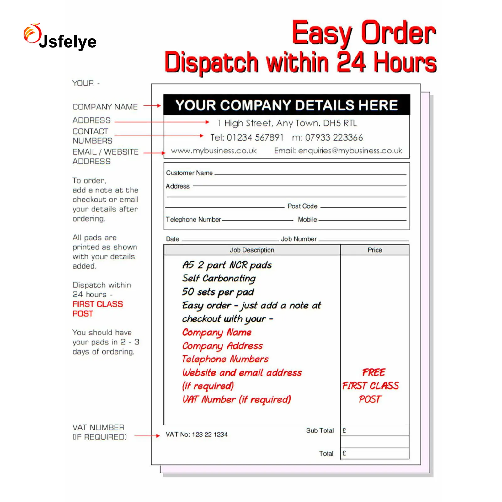 Half Size Duplicate Receipt Book Numbered Cash 1 - 100 Pages Pad Carbon ...