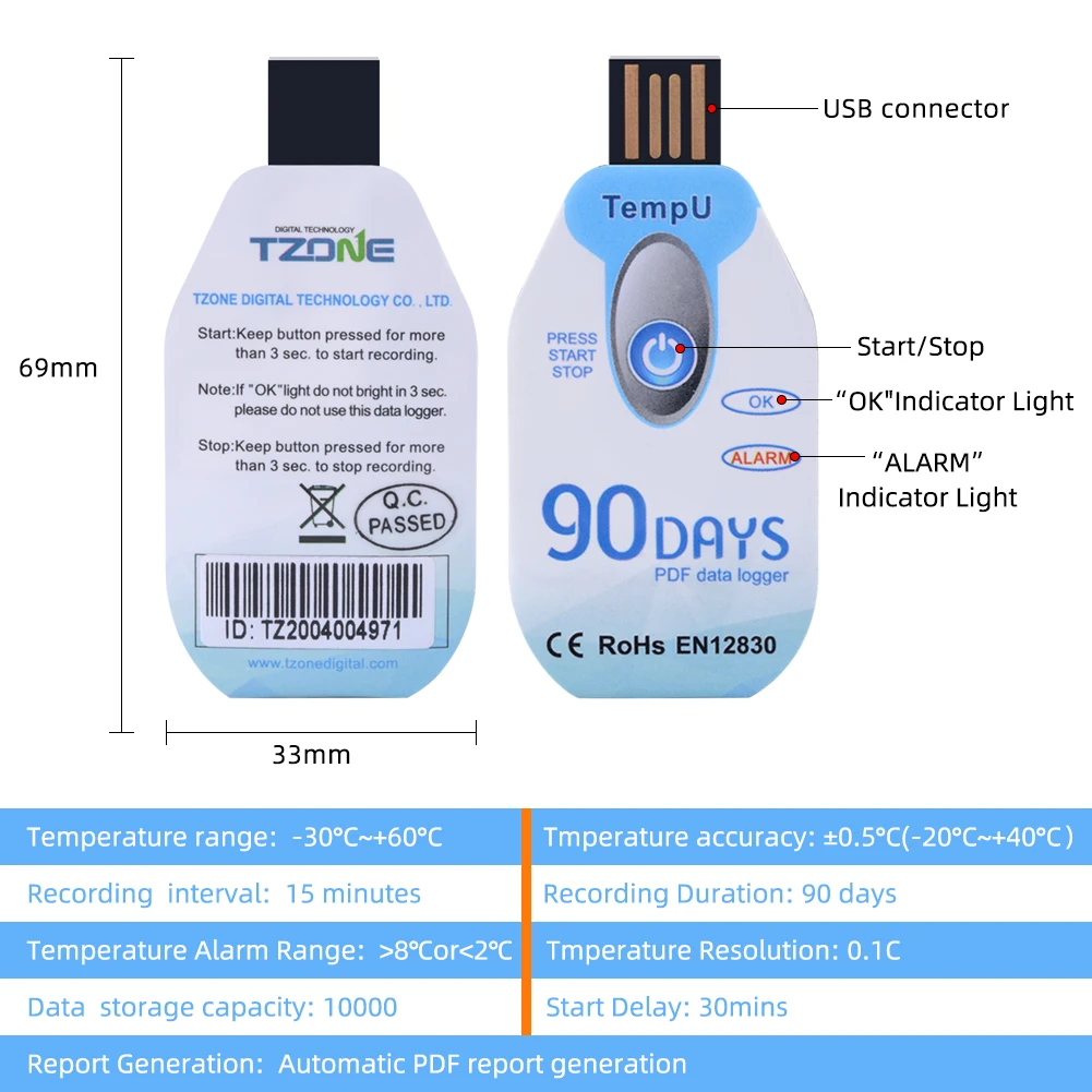 Temperature Data Logger - 90 Days Record Every 15 Mins