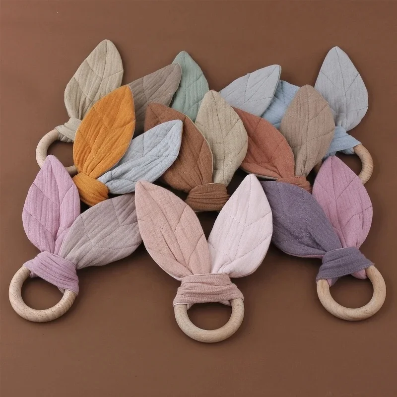 Natural Wood & Double Gauze Muslin Bunny Ear Baby Teething Ring Crinkle ...